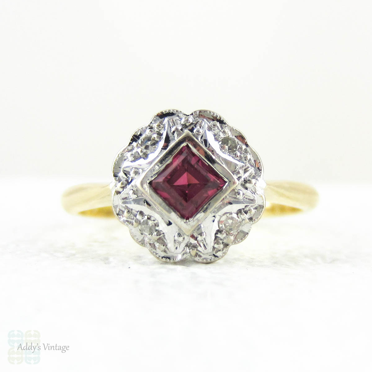Art Deco Ruby & Diamond Engagement Ring, Square Shape Pinkish Red Step ...