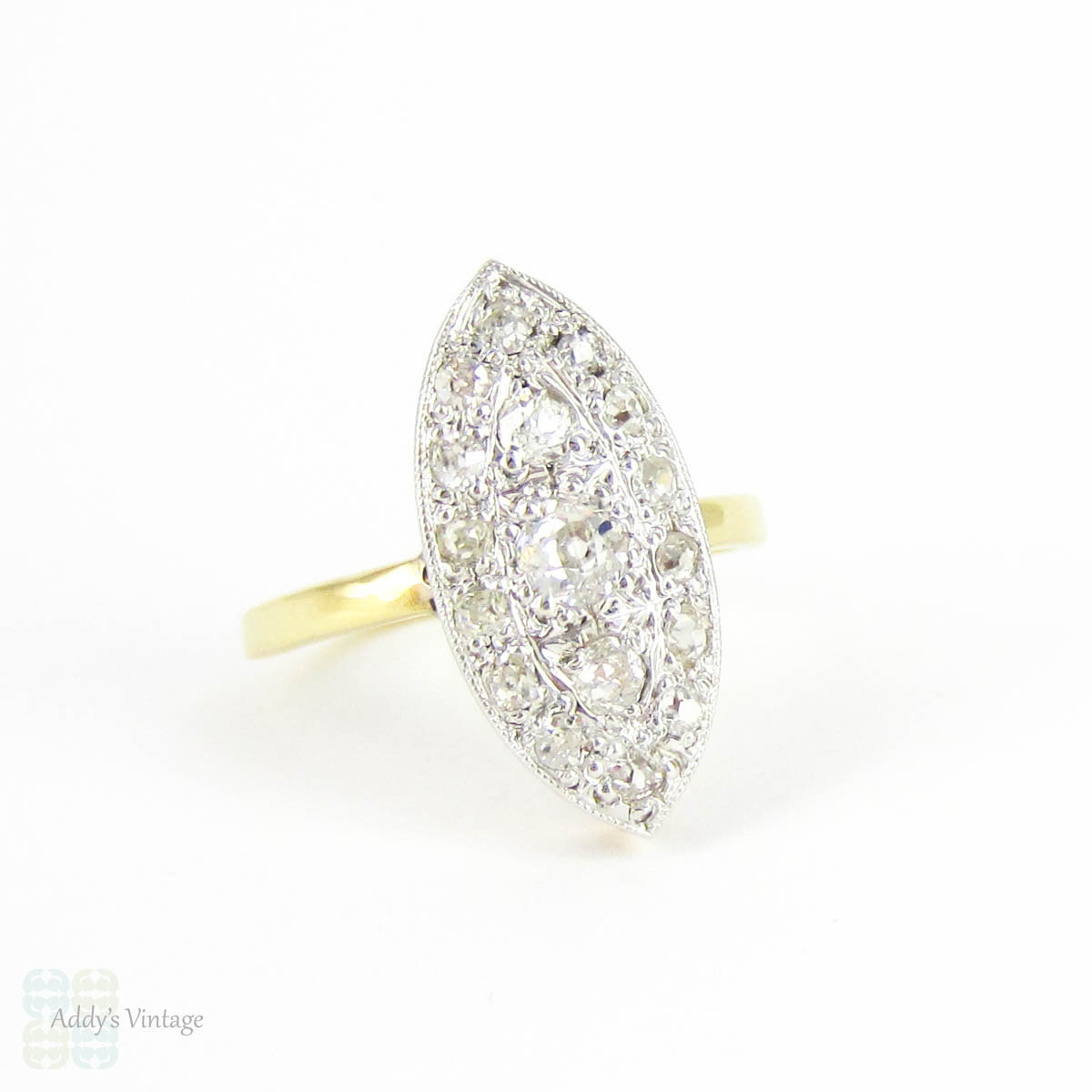 Antique Navette Shape Old Mine Cut Diamond Cluster Ring, Large Marquise ...