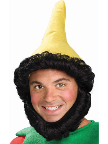 Yellow Christmas Elf Hat With Black Hair And Beard