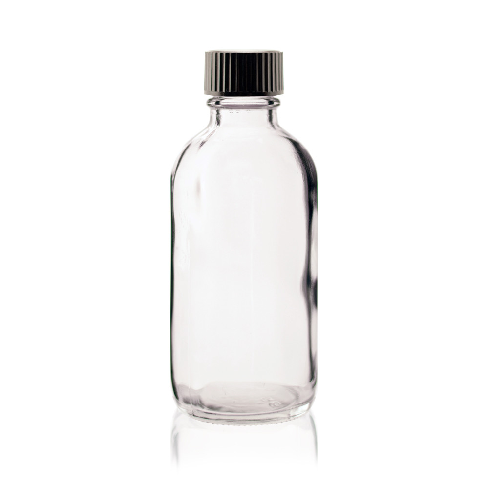 4 oz CLEAR Boston Round Glass Bottle - w/ Poly Seal Cone Cap