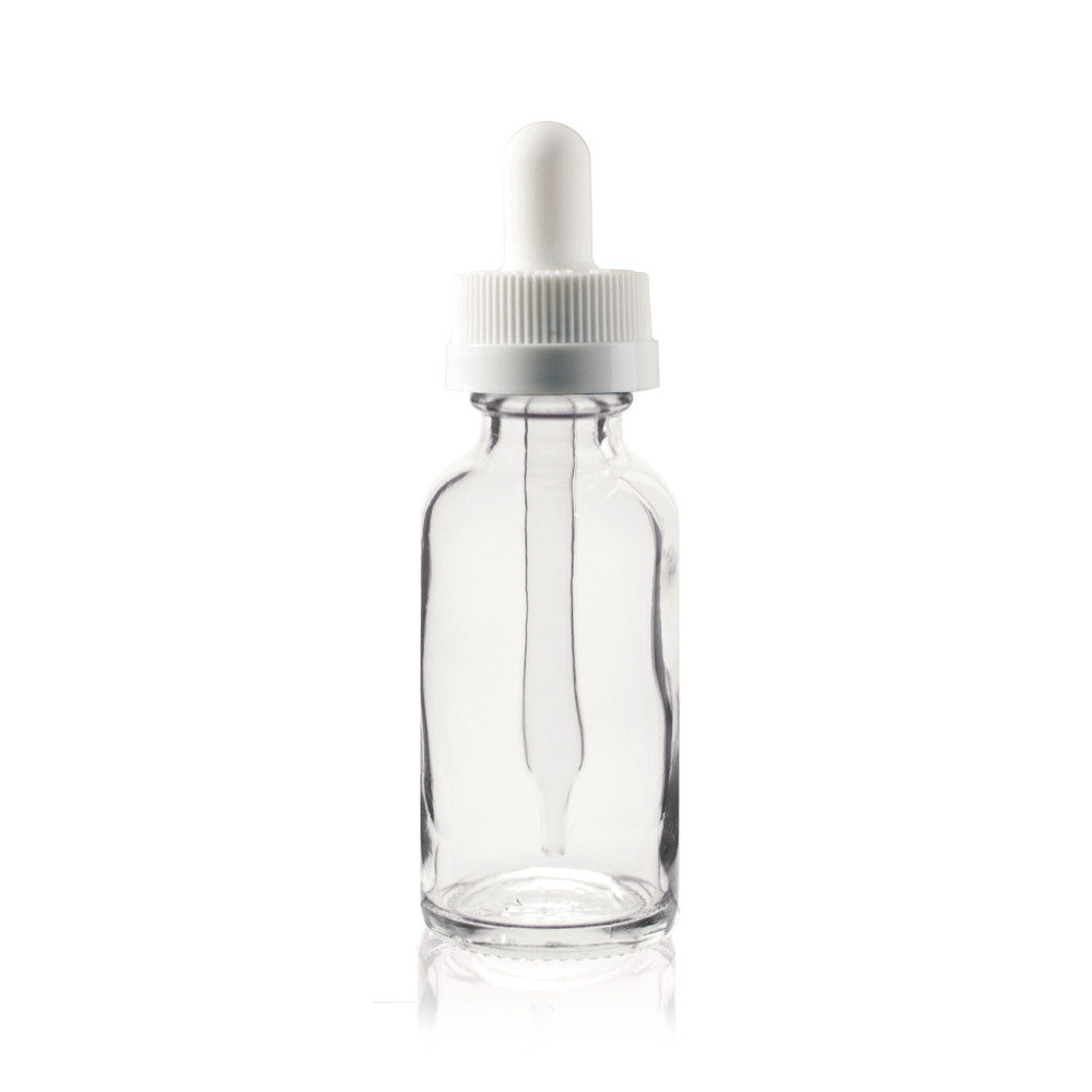 1 Oz CLEAR Boston Round Glass Bottle W White Child Resistant Dropper 1 Oz CLEAR Boston Round Glass Bottle W White Child Resistant Dropper